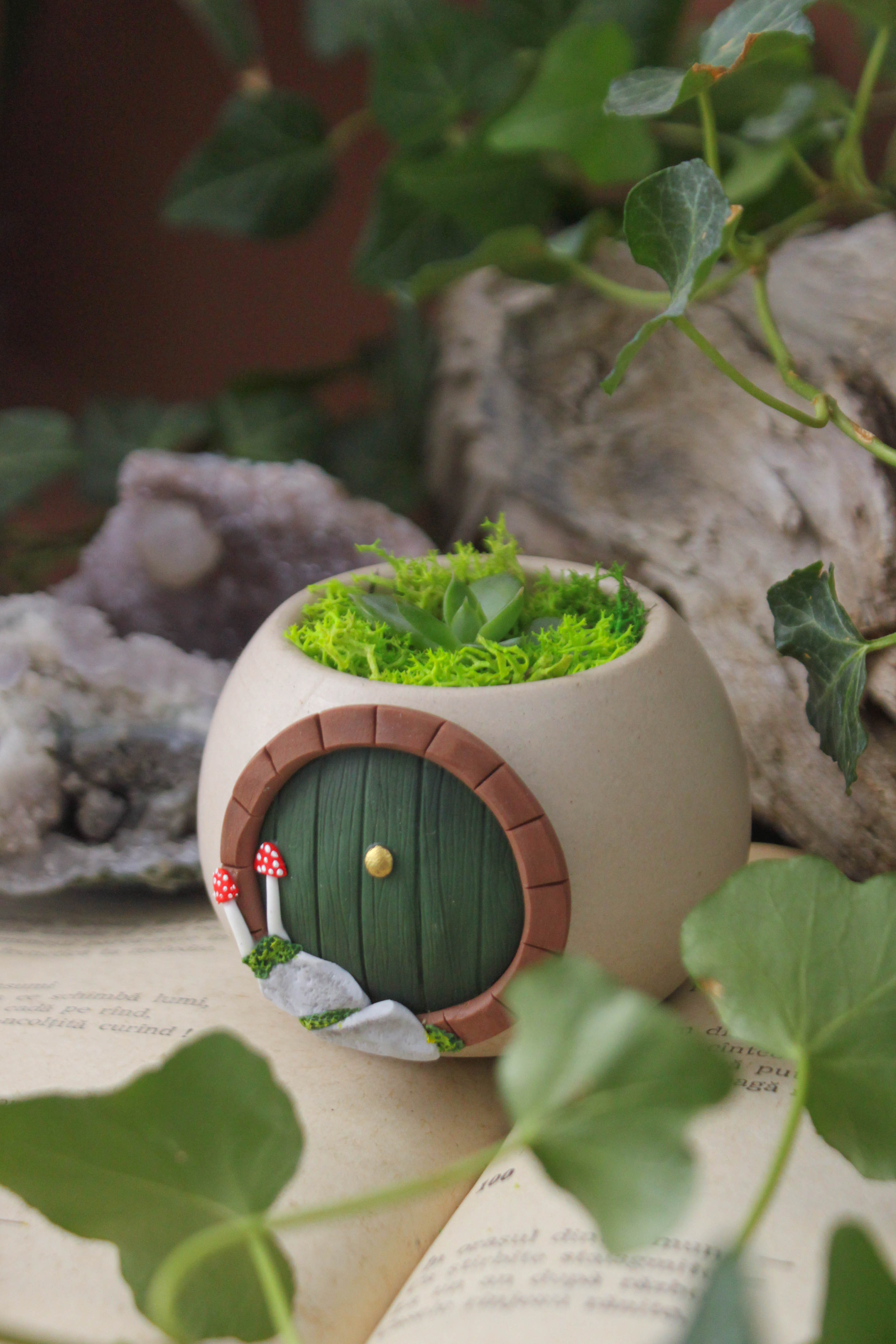 Hobbit House Plant Pot with Mushrooms – Jules Crystal Design